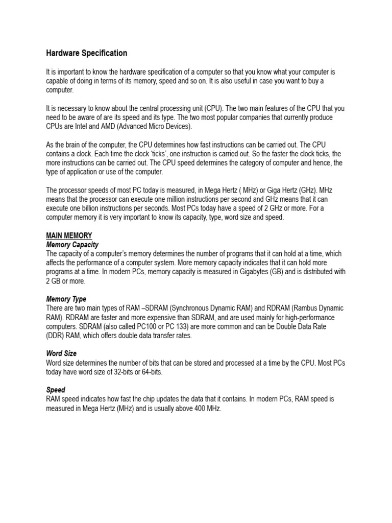 Hardware Specification | PDF | Random Access Memory | Computers