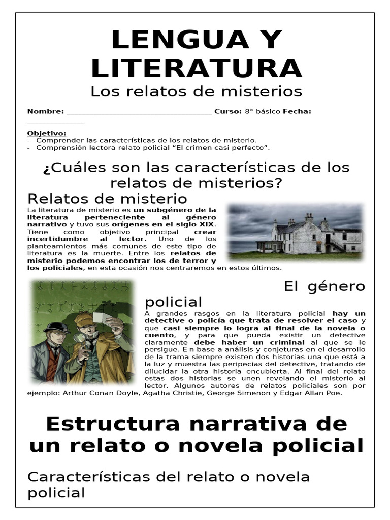 8° - Guía de Trabajo - Caracteristicas de Los Relatos de Misterios | PDF 8° - Guía de Trabajo - Caracteristicas de Los Relatos de Misterios | PDF