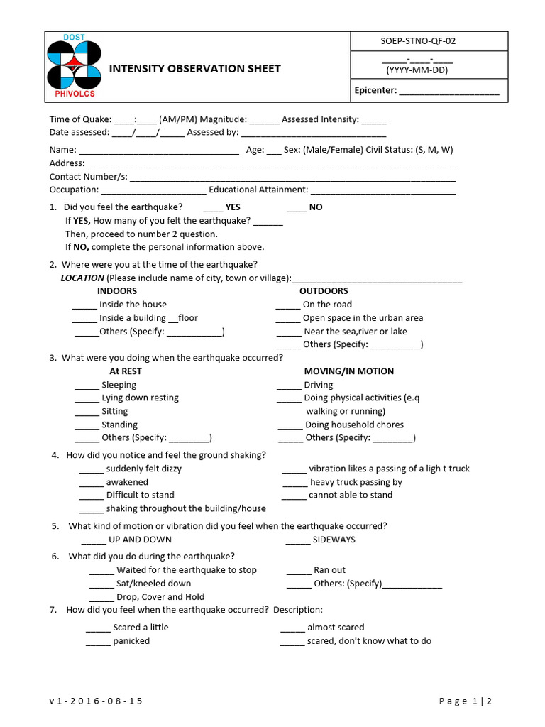 Intensity Observation Sheet - 1 | PDF