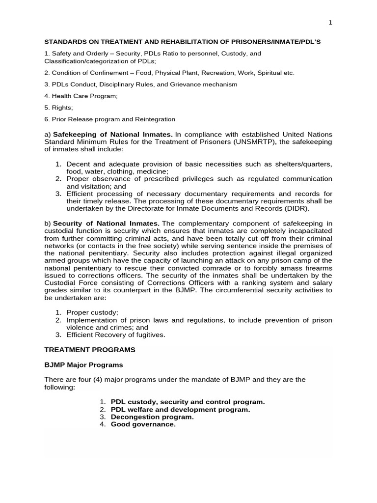 Standards On Treatment and Rehabilitation of Prisoners/Inmate/Pdl'S | PDF