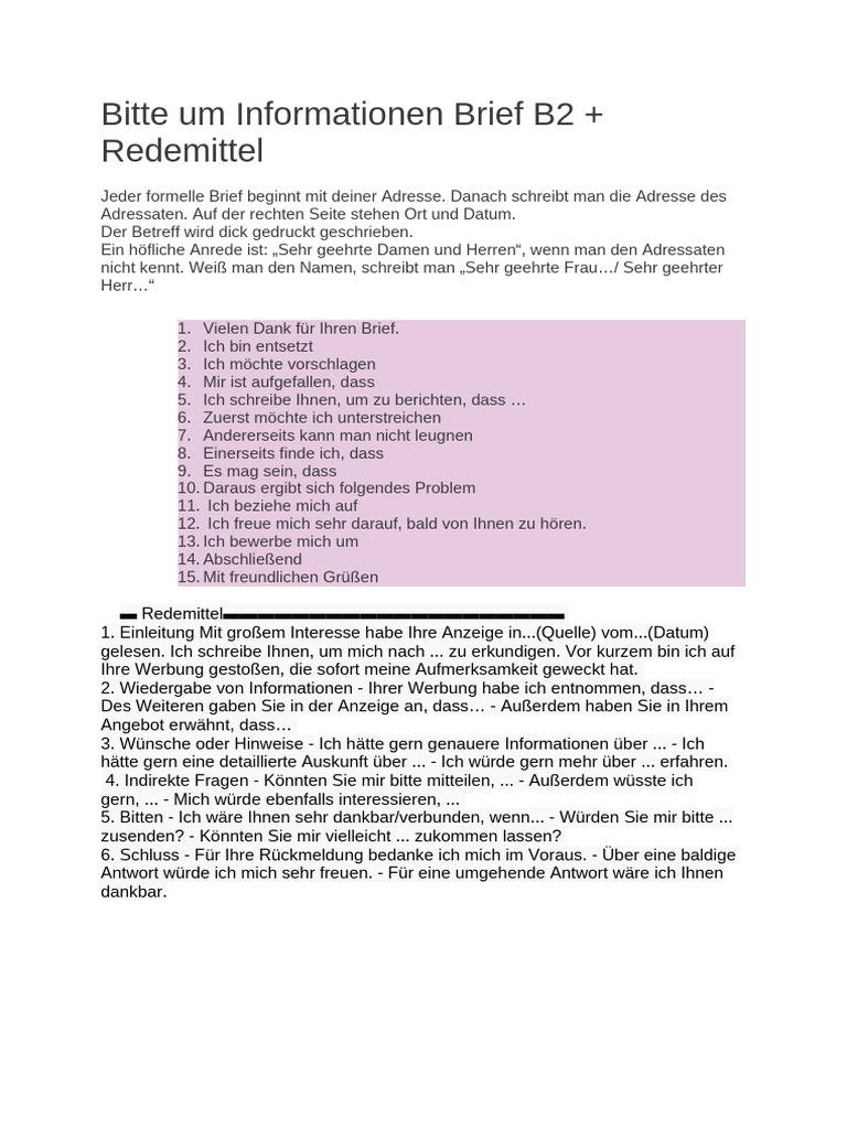 Bitte Um Informationen Brief B2 | PDF