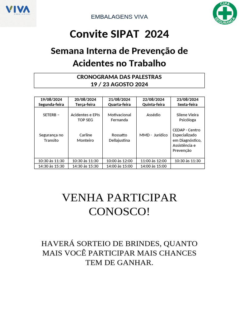 Cronograma Palestras Semana Da Sipat | PDF