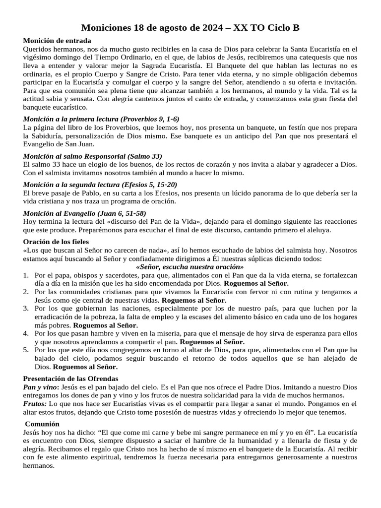 Moniciones y Lecturas 18 de Agosto de 2024 | PDF