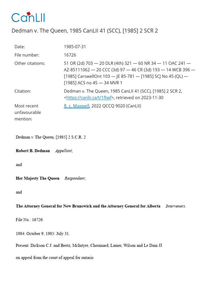 1985 CanLII 41 (SCC) - Dedman v. The Queen - CanLII | PDF