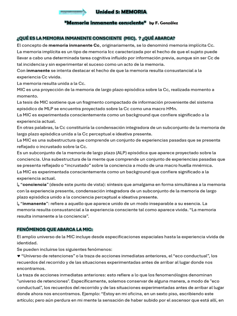 Memoria Inmanente Consciente | PDF | Memoria | Filosofía