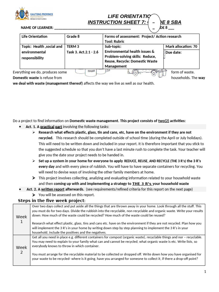 Gr. 8 Instruction Sheet 7, Term 3 Act 2, Environmental Health Issues.-1 ...