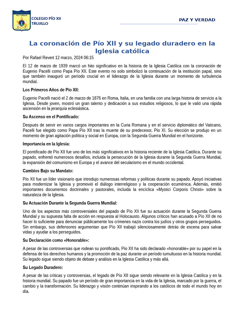La Coronacion de Pio XII y Su Legado Duradero en La Iglesia Catolica | PDF