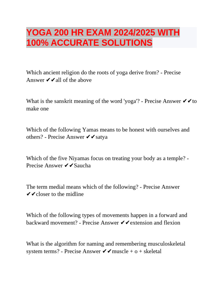 Yoga 200 HR Exam 2024 | PDF