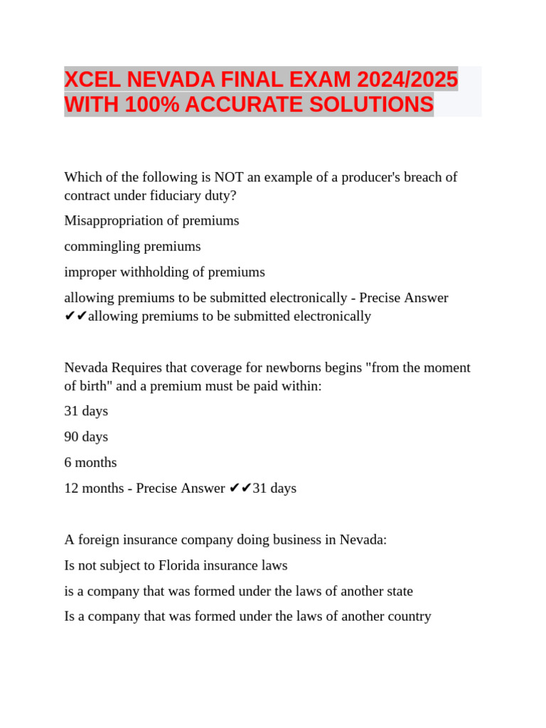 Xcel Nevada Final Exam 2024 | PDF
