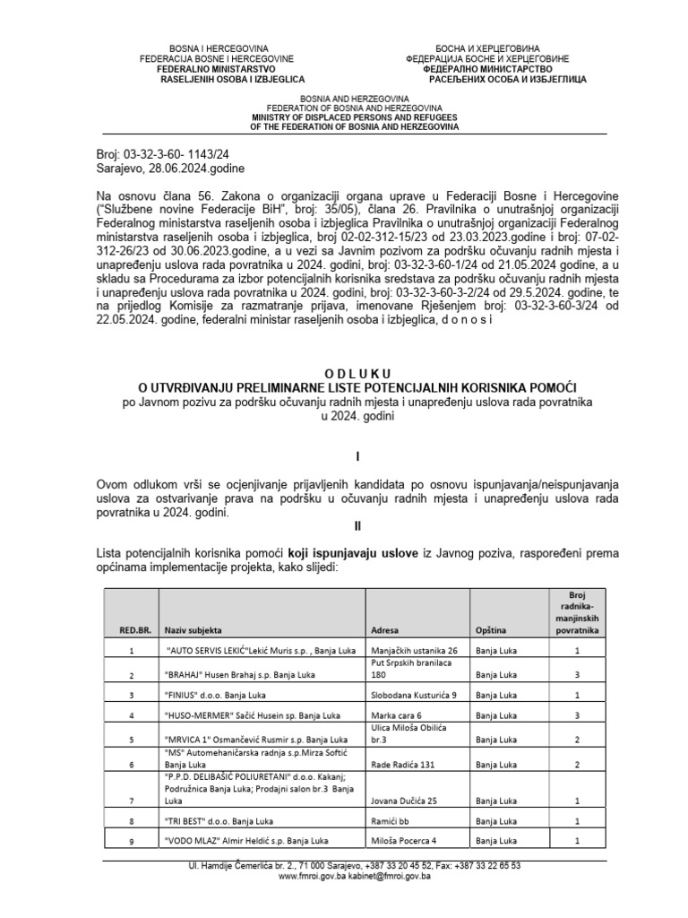 Preliminarna Odluka Ocuvanje Radnih Mjesta 2024-1 | PDF