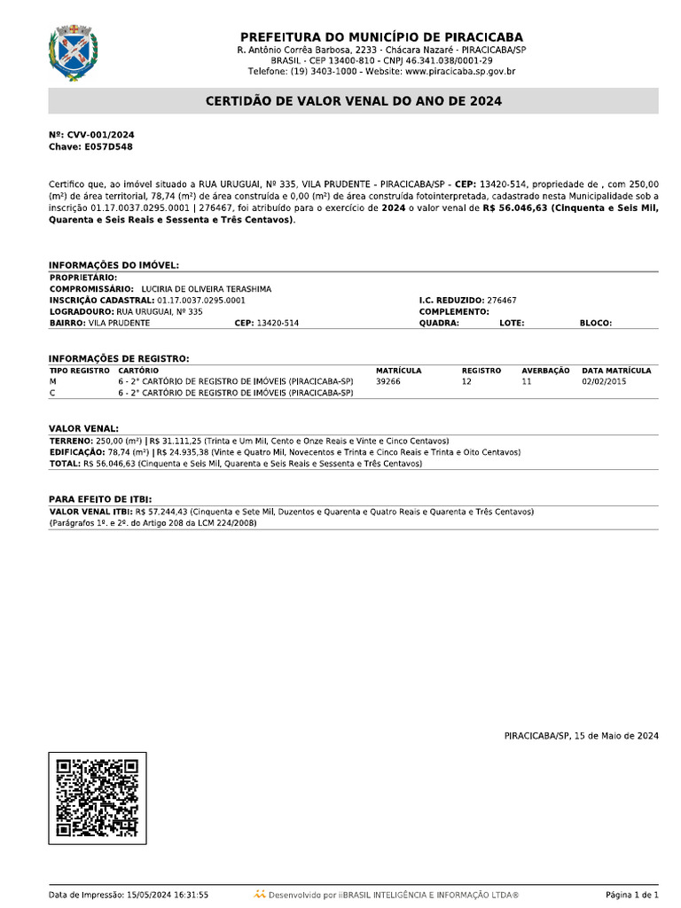 Certidao de Valor Venal - Tatiana 05.24 | PDF