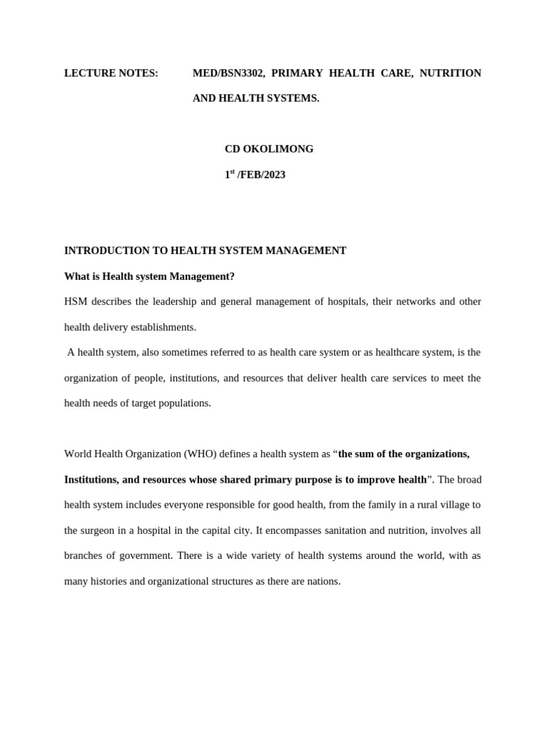 Introduction to Health System Management | PDF