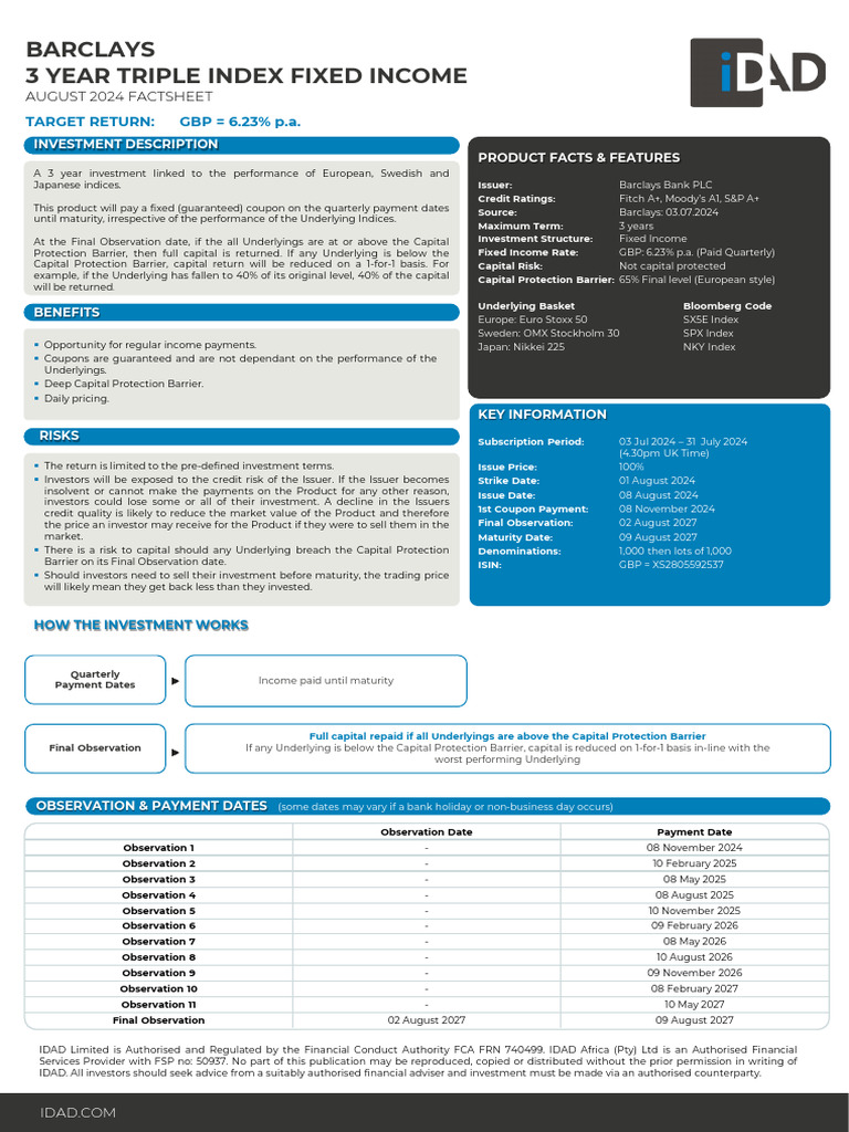 Barclays 3 Year Triple Index Fixed Income August 2024 GBP IDAD Factsheet | PDF