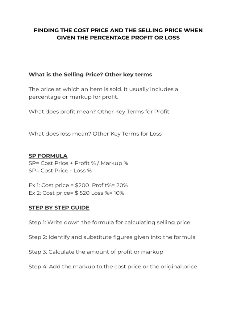 Finding The Cost Price - The Selling Price | PDF