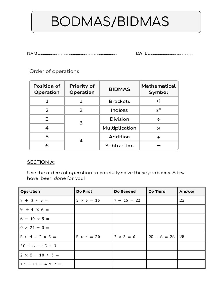 BODMAS Worksheet | PDF