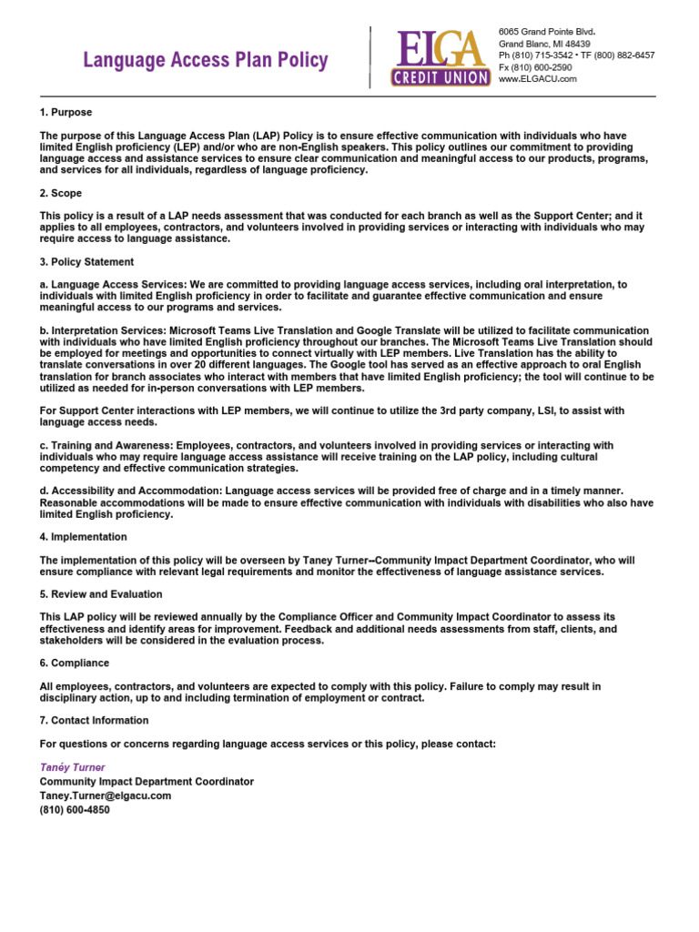 Language Access Plan Policy | PDF