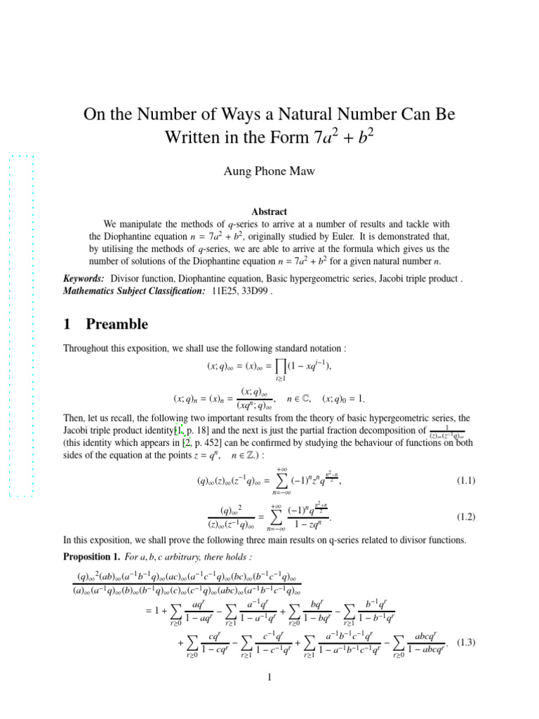 On The Number of Ways A Natural Number Can Be Written in The Form 7a ...