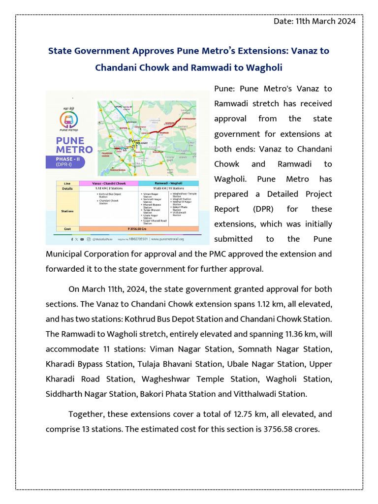 Pune Metro Phase II Dpr i English | PDF