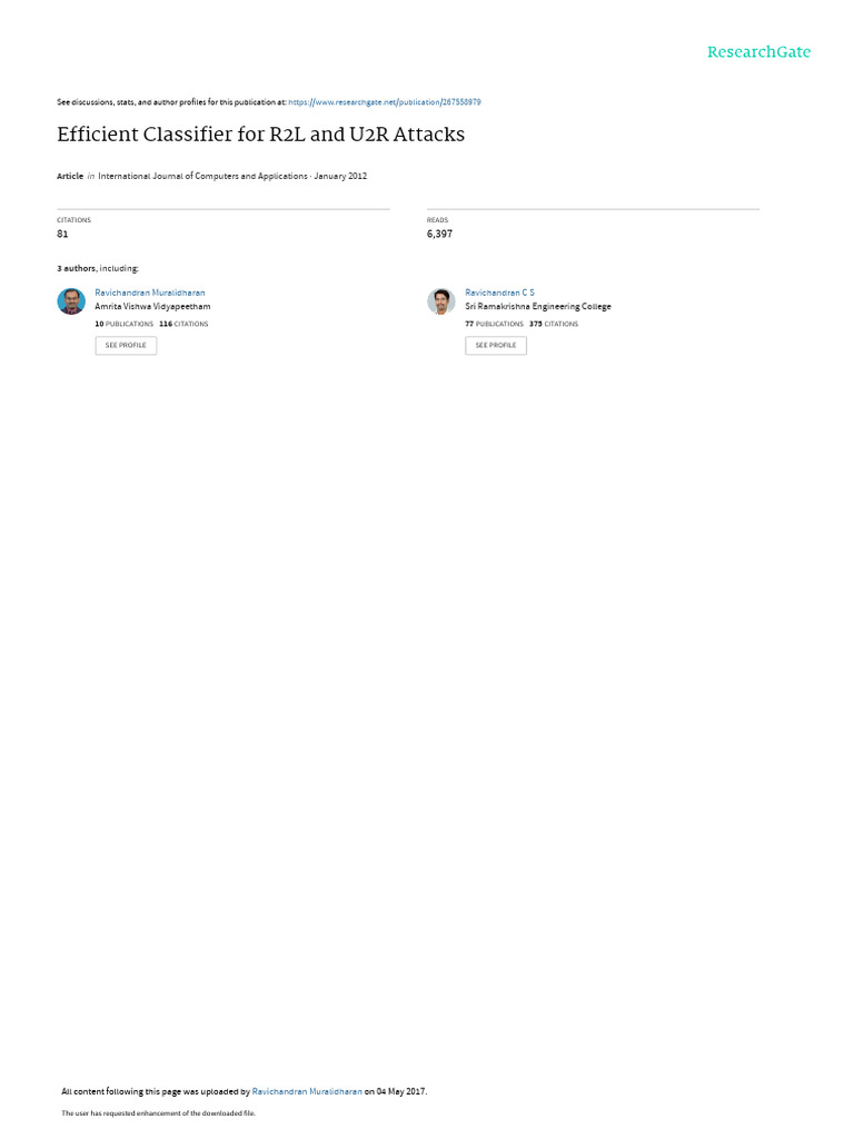 Efficient Classifier For R2L and U2R Attacks | PDF