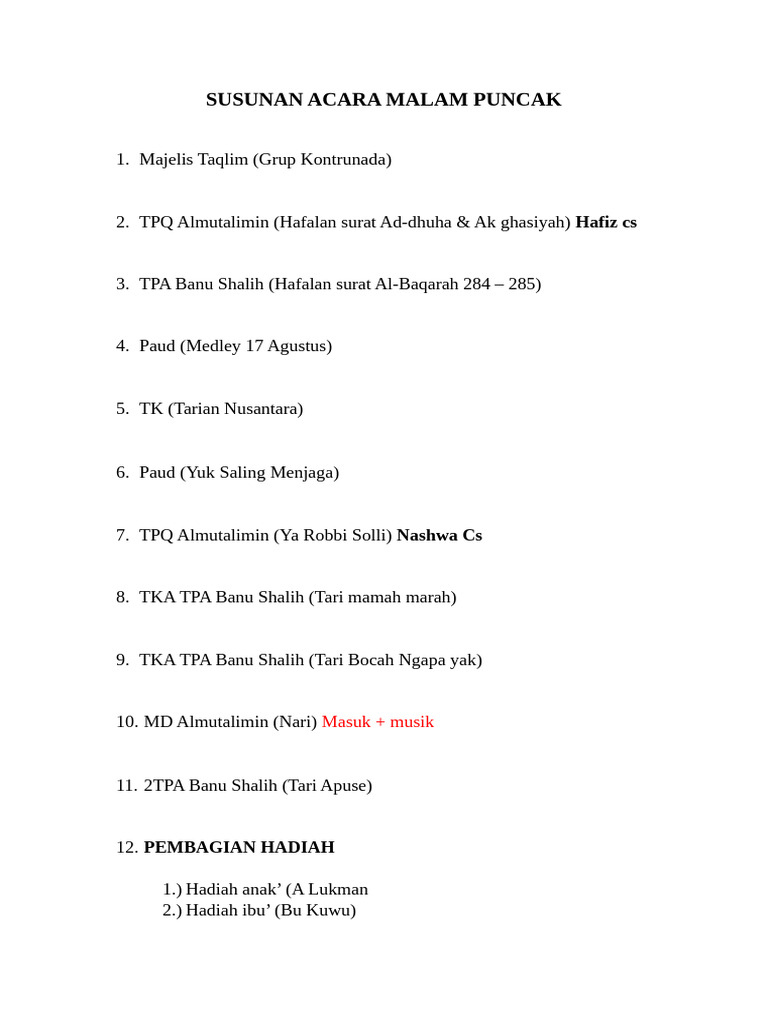 Susunan Acara (Mc Non Formal) | PDF