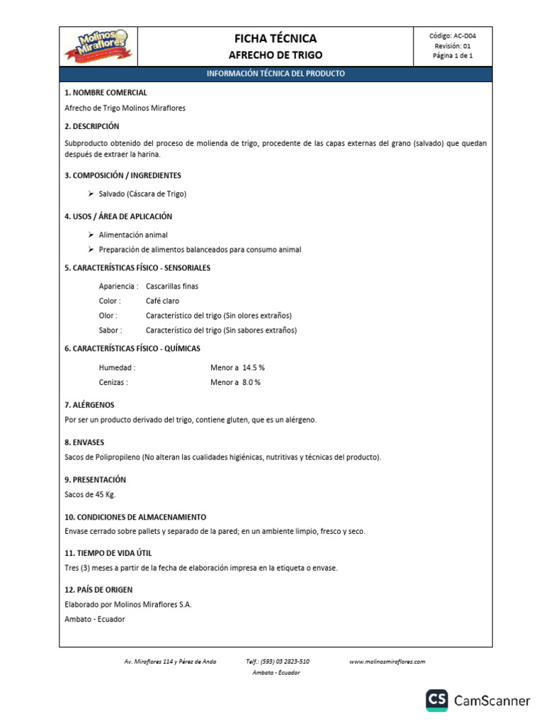 Ficha Técnica del Afrecho de Trigo | PDF