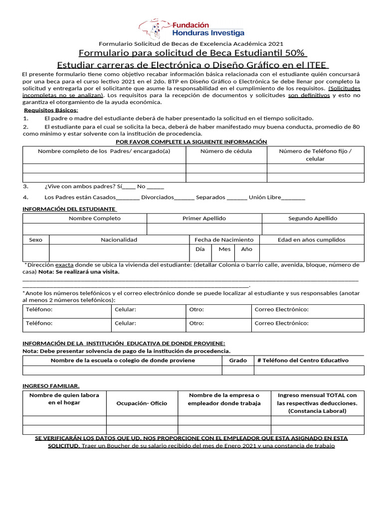 FORMULARIO BECAS 50 Carreras de DISENO GRAFICO Y ELECTRONICA 2021 | PDF