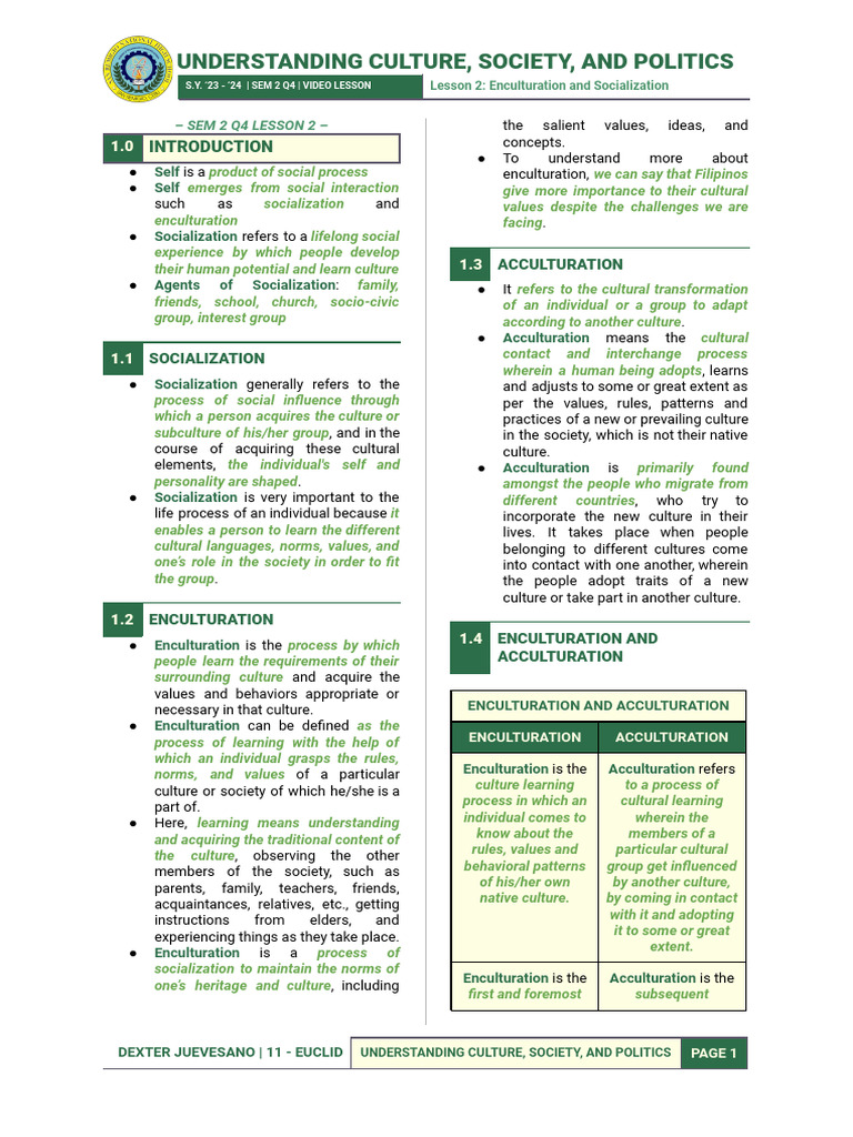 UCSP - (2) Lesson 2 - Enculturation and Socialization | PDF