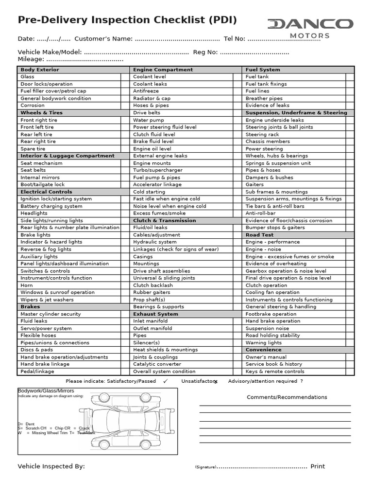 Danco - Pre Delivery Inspection Checklist | PDF | Steering | Brake