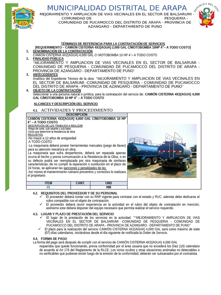 Contratación Camión Cisterna Arapa Puno | PDF