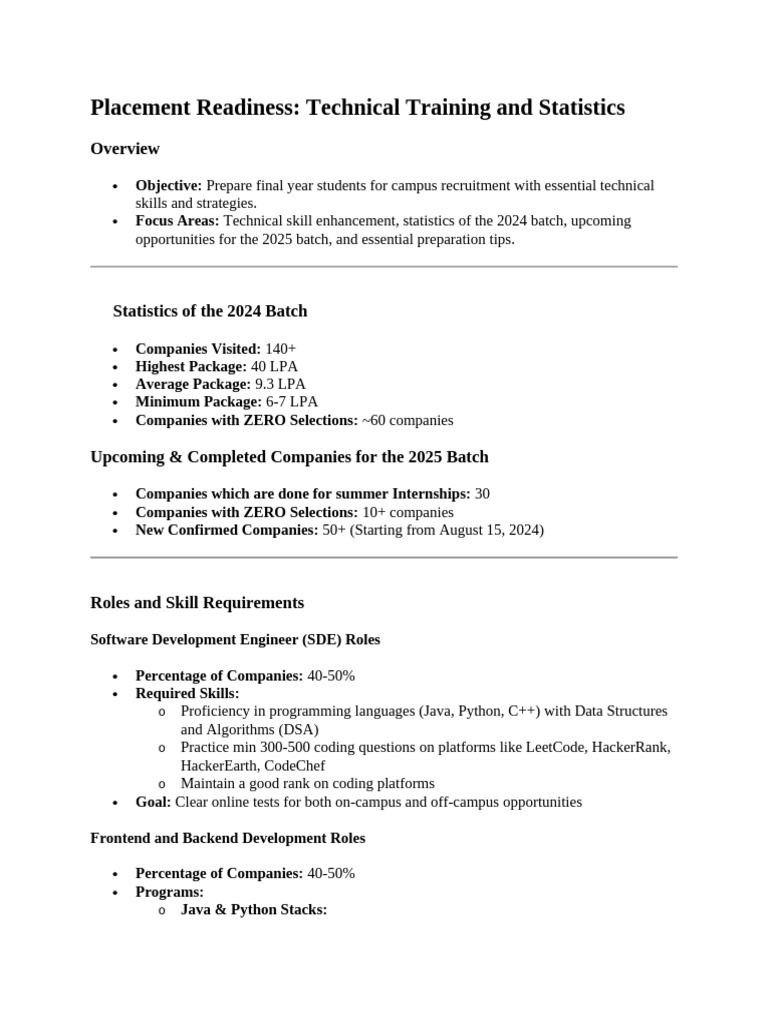 Placement Readiness Technical Training and Statistics | PDF