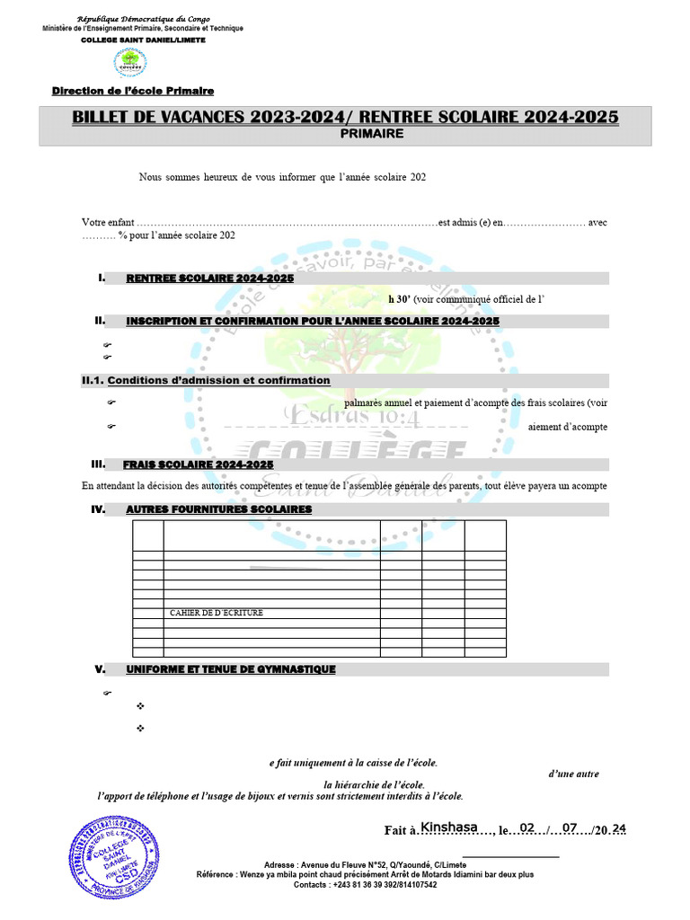 Billet de Vacances Primaire CSD 2024 | PDF