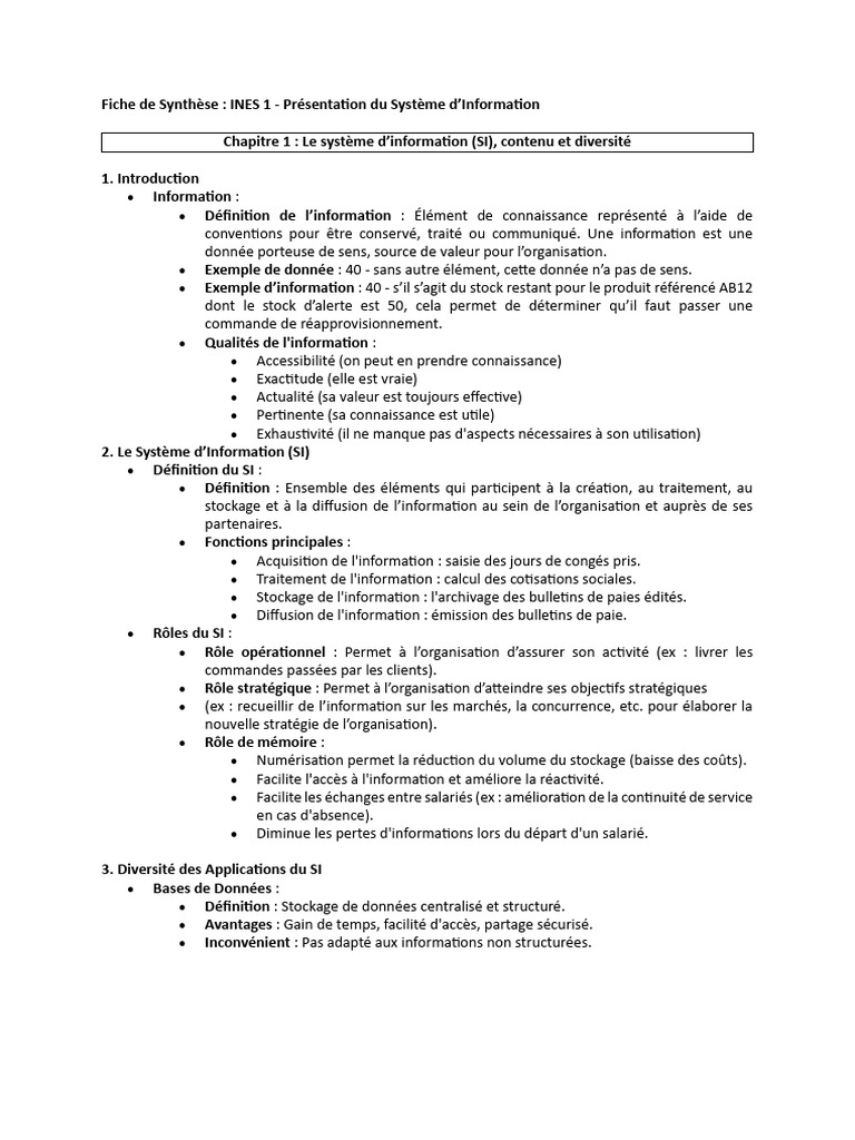 Fiche Chapitre 1 | PDF