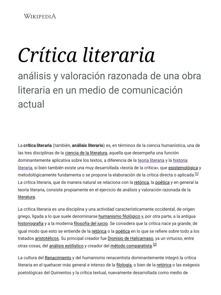 Crítica Literaria - Wikipedia, La Enciclopedia Libre | PDF