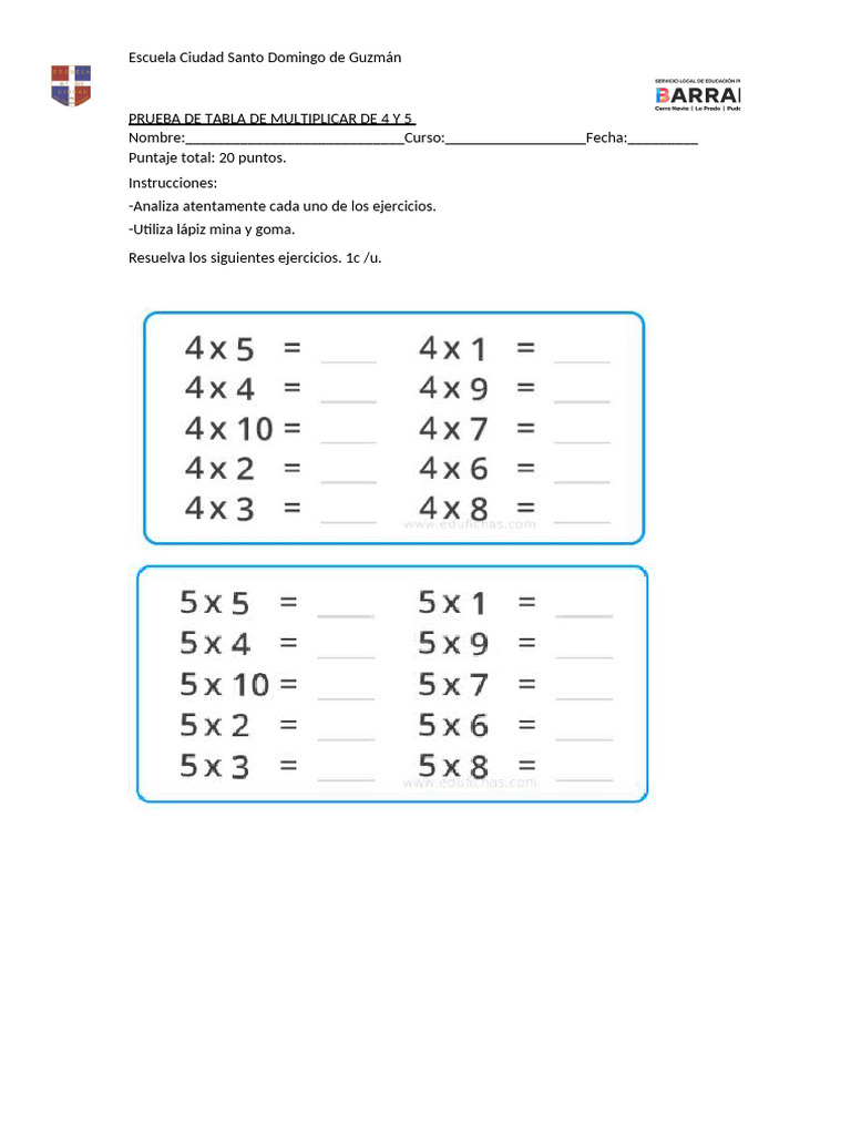 Prueba de Tablas de Multiplicar Del 4 y 5 | PDF