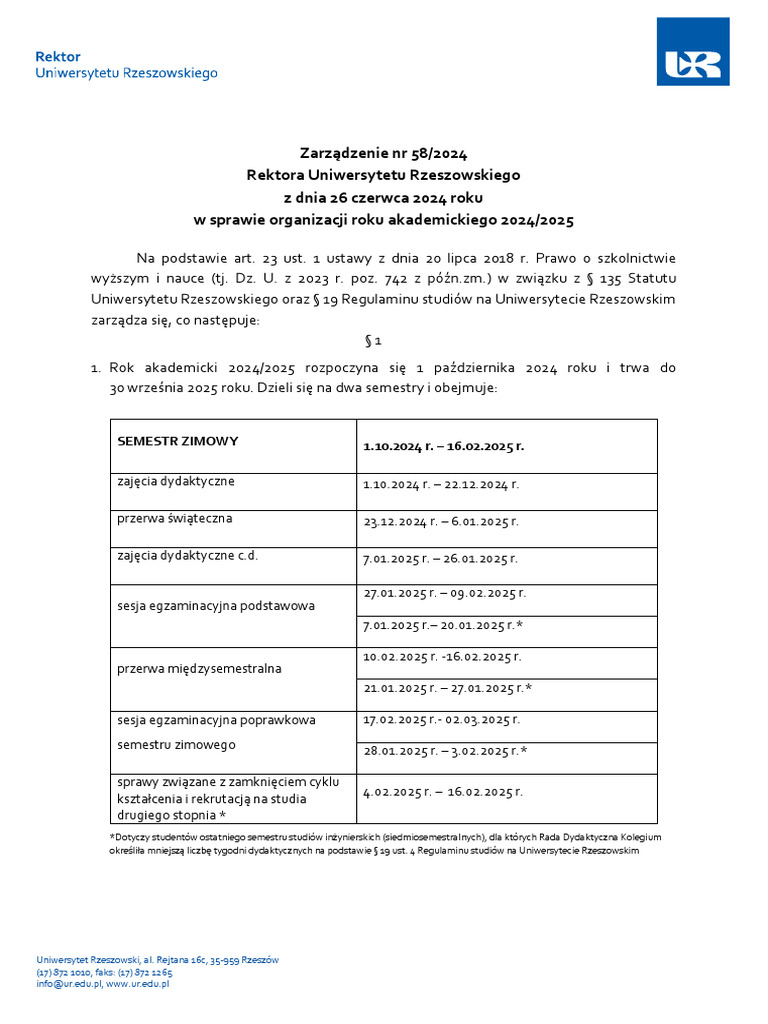 Zarządzenie 58-2024 Organizacja Roku Akademickiego 2024-2025 | PDF