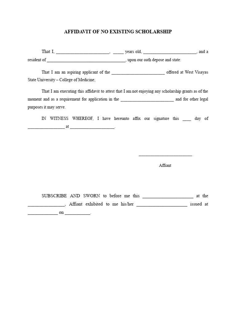 AFFIDAVIT OF NO EXISTING SCHOLARSHIP Format | PDF