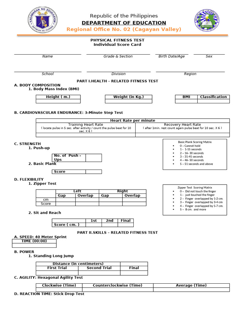 Physical Fitness Test Individual Score Card | PDF
