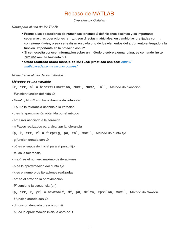 Taller Repaso. MATLAB II-1 | PDF