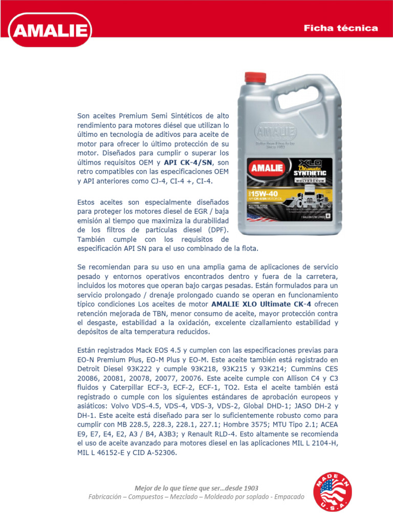 AMALIE XLO ULTIMATE SYNTHETIC BLEND SAE 15W40 Fortified Molibdenum | PDF