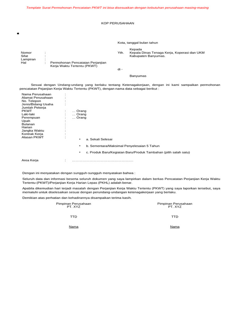 Template Surat Permohonan Pencatatan PKWT | PDF