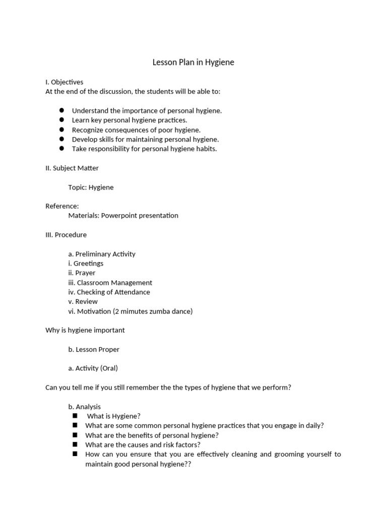 Lesson Plan in Hygiene | PDF