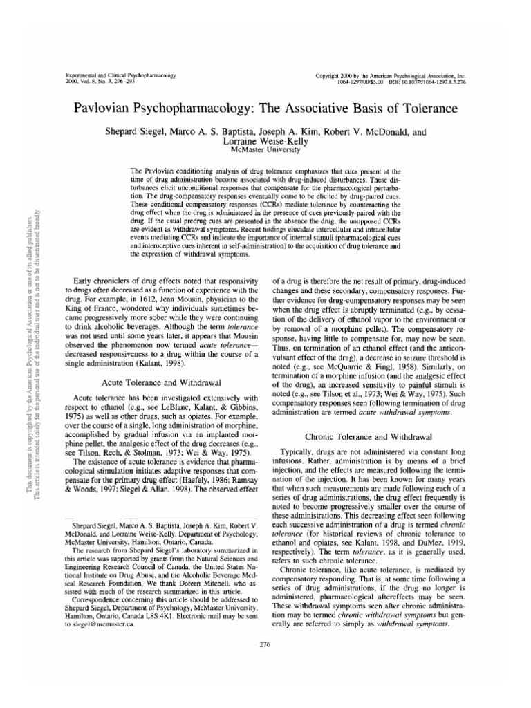 Pavlovian Basis For Tolerance | PDF