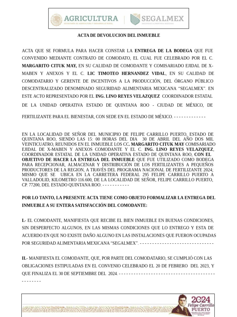 Acta de Devolucion Del Inmueble 1 | PDF