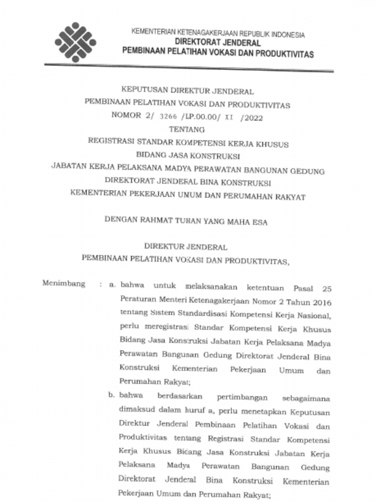 SKK Khusus Kep Dirjen Pembinaan Pelatihan Vokasi Dan Produktivitas ...