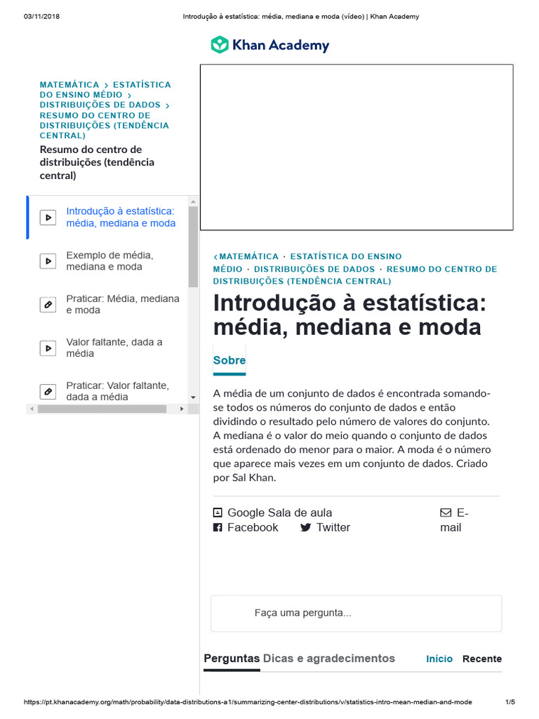 Introdução À Estatística - Média, Mediana e Moda (Vídeo) - Khan Academy ...