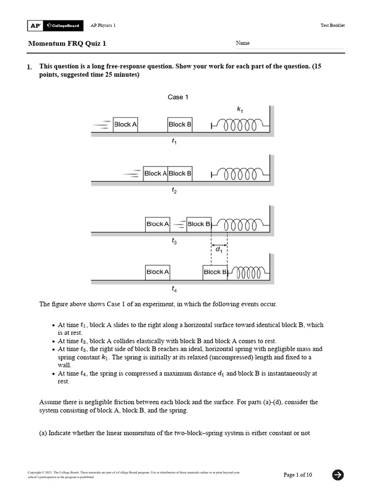 AP Physics 1 05MomentumFRQ Quiz1 | PDF | Momentum | Collision