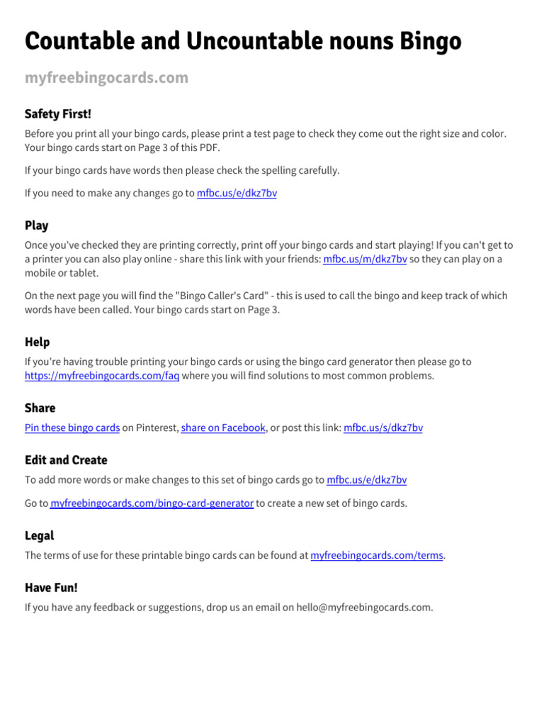 Countable and Uncountable Nouns Bingo 1 | PDF