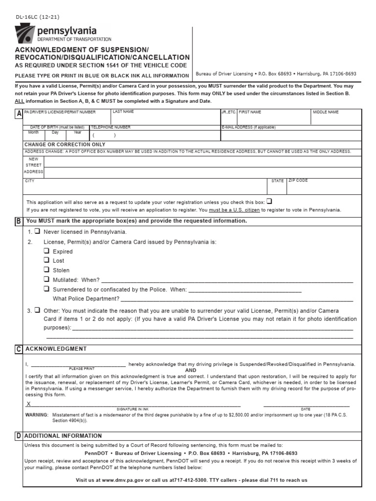 PA Driver License Acknowledgment Form | PDF | Identity Document ...