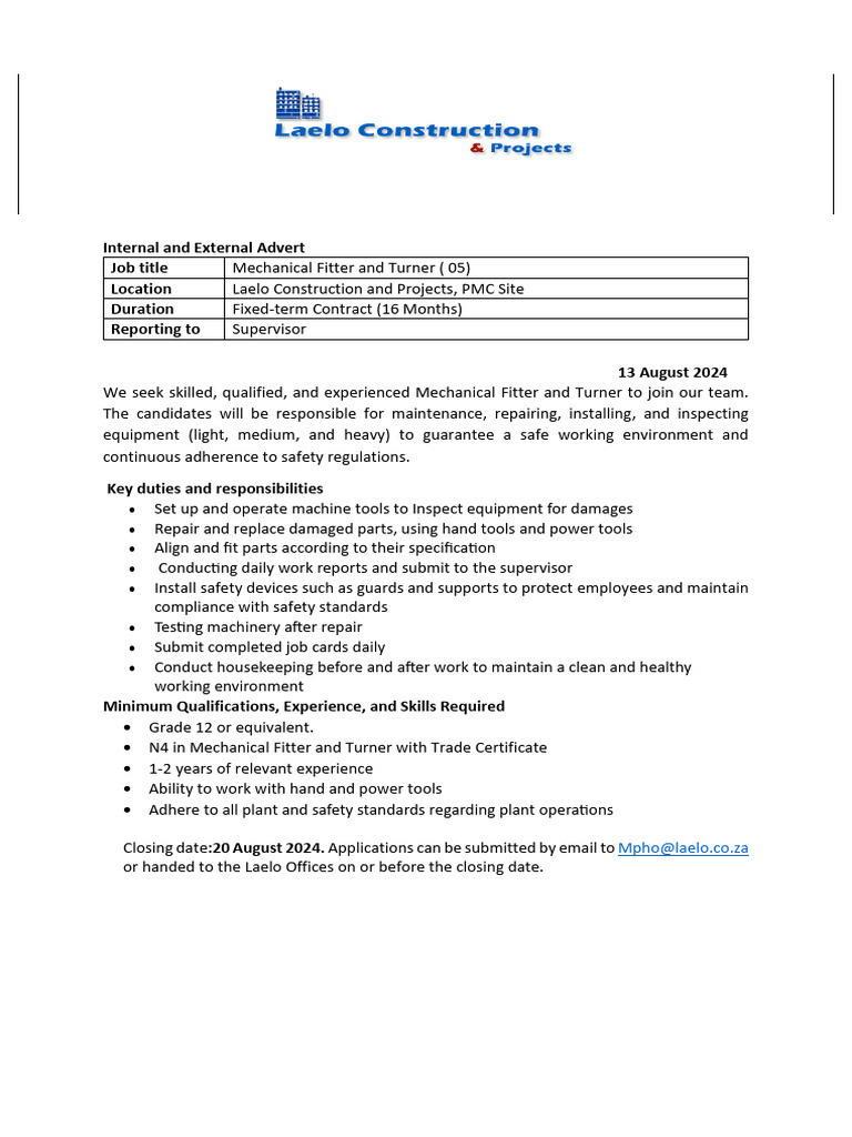 Fitter and Turner Advert | PDF