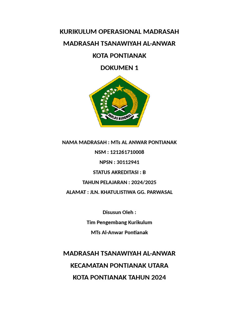 Kurikulum Operasional Madrasah Cover | PDF